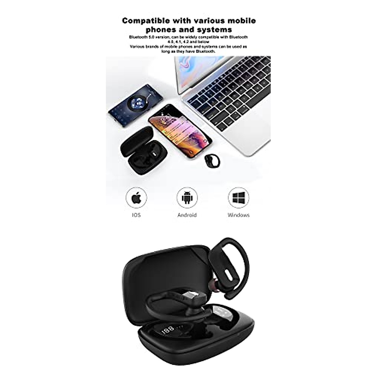 Wireless Earbuds Bluetooth Headphones Earphones in Ear with Microphone LED Display for Sports Running Workout Black