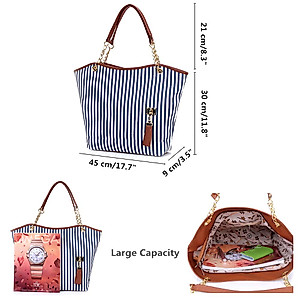 Womens Canvas Handbag Tassel Stripes Purse Tote Fashion Shoulder Bag Large Capacity, Red and White