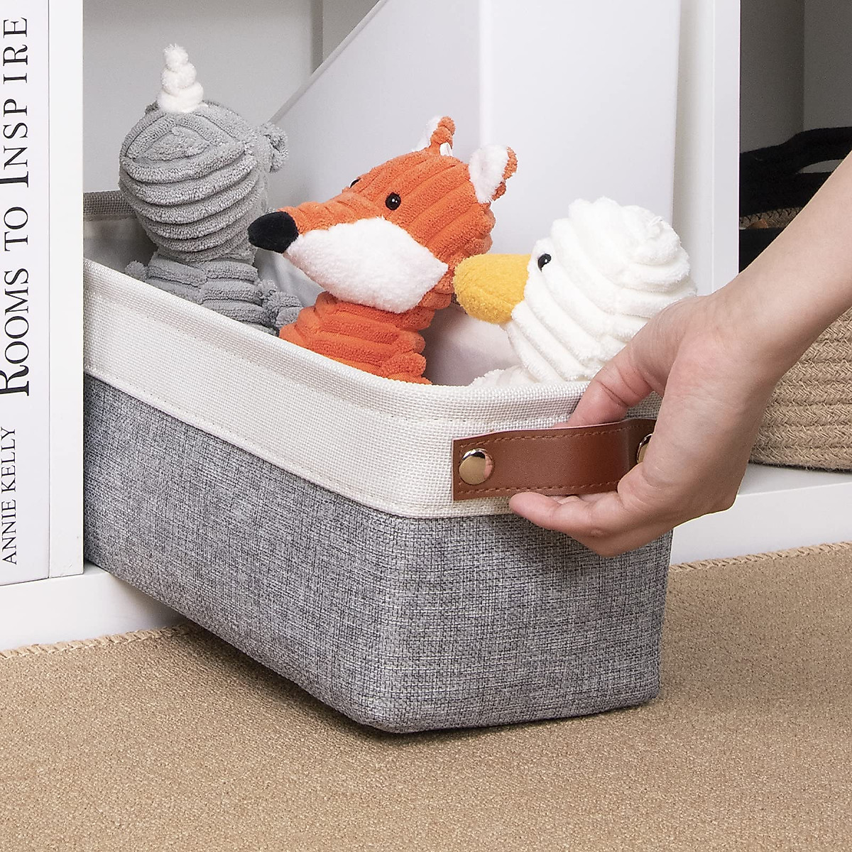 DULLEMELO Fabric Bathroom Storage Bin with Leather Handles, Narrow Organizer for Towels, Toilet Paper Rolls, Storage Basket for Back of Toilet, Vanities, Shelves & Cabinets (White&Gray)