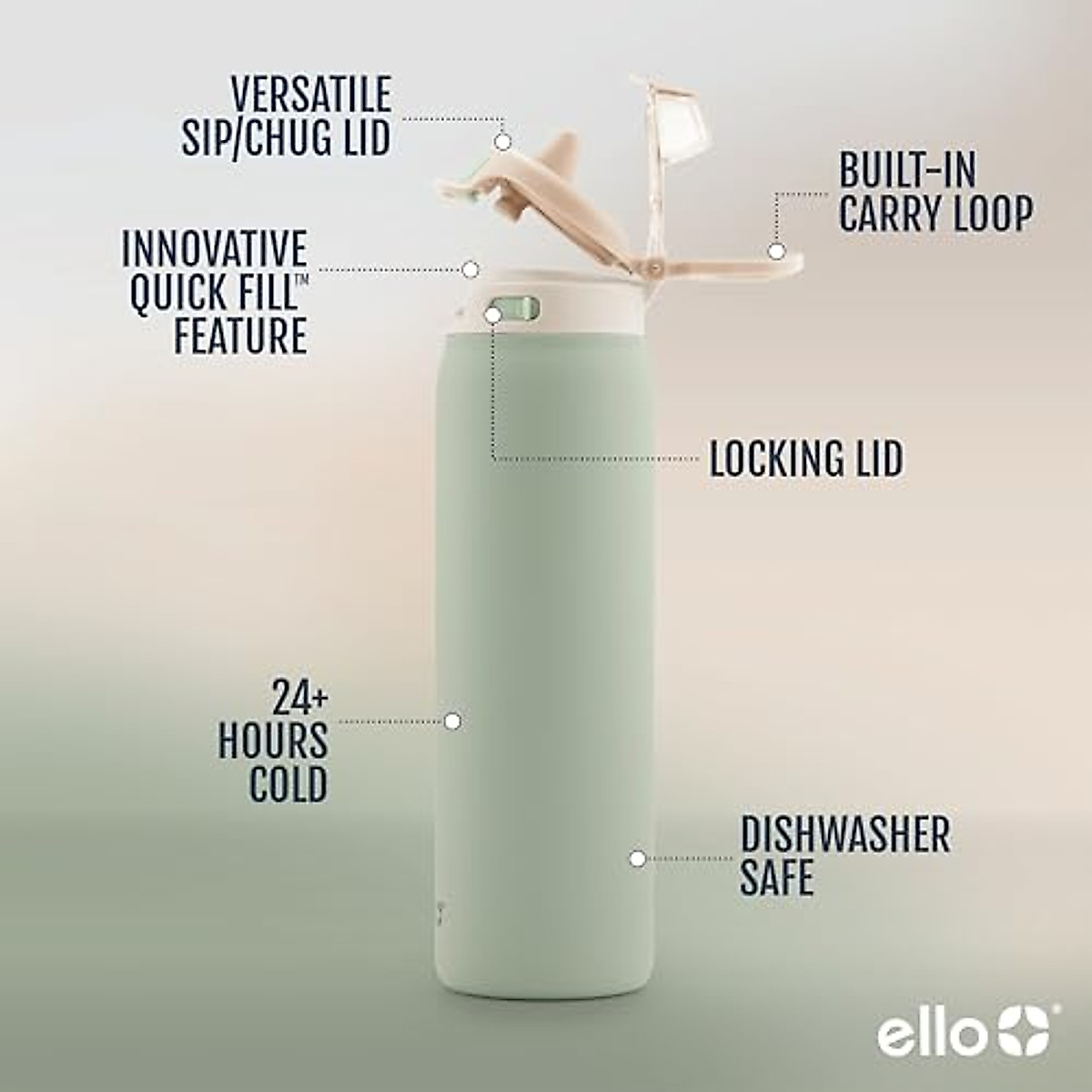Ello Pop & Fill 32oz Stainless Steel Water Bottle with Quick Fill Technology, Double Walled and Vacuum Insulated Metal, Leak Proof Locking Lid, Sip and Chug, Reusable, BPA Free, Pistachio