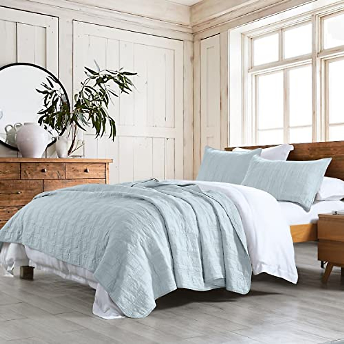 100% Cotton Quilt Set Queen Size, Baby Blue Pre-Washed 3-Piece Bedspread Coverlet Set, Cozy Lightweight Stitching Decorative Bedding Cover with 2 Shams in Geometric Pattern Rustic Style for All Season