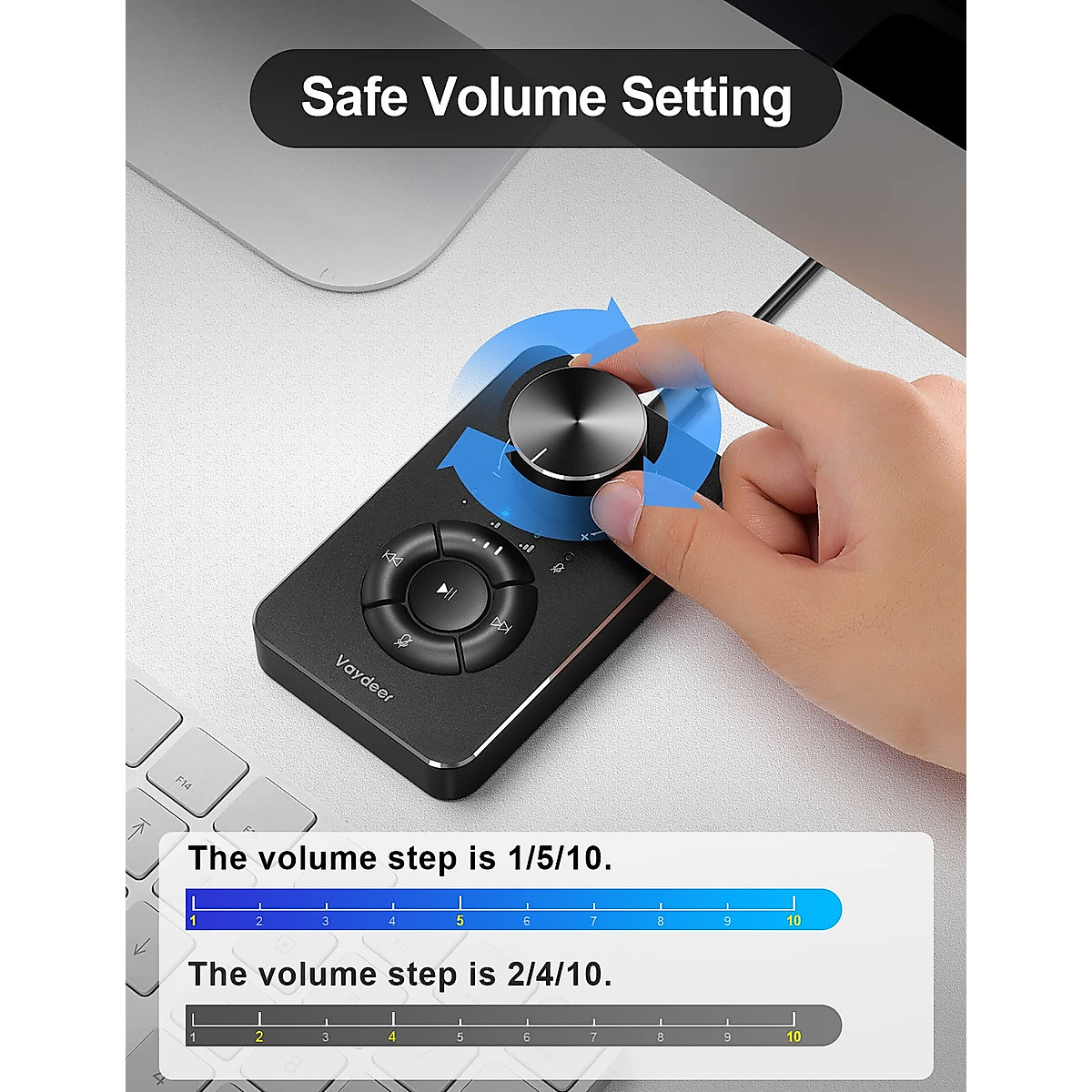 Vaydeer Multimedia Controller Knob with Mic-Mute Function and Safe Volume Range Setting, USB C Port Audio Adjuster Volume Controller Compatible with Win 7/8/10/11 and Mac OS.