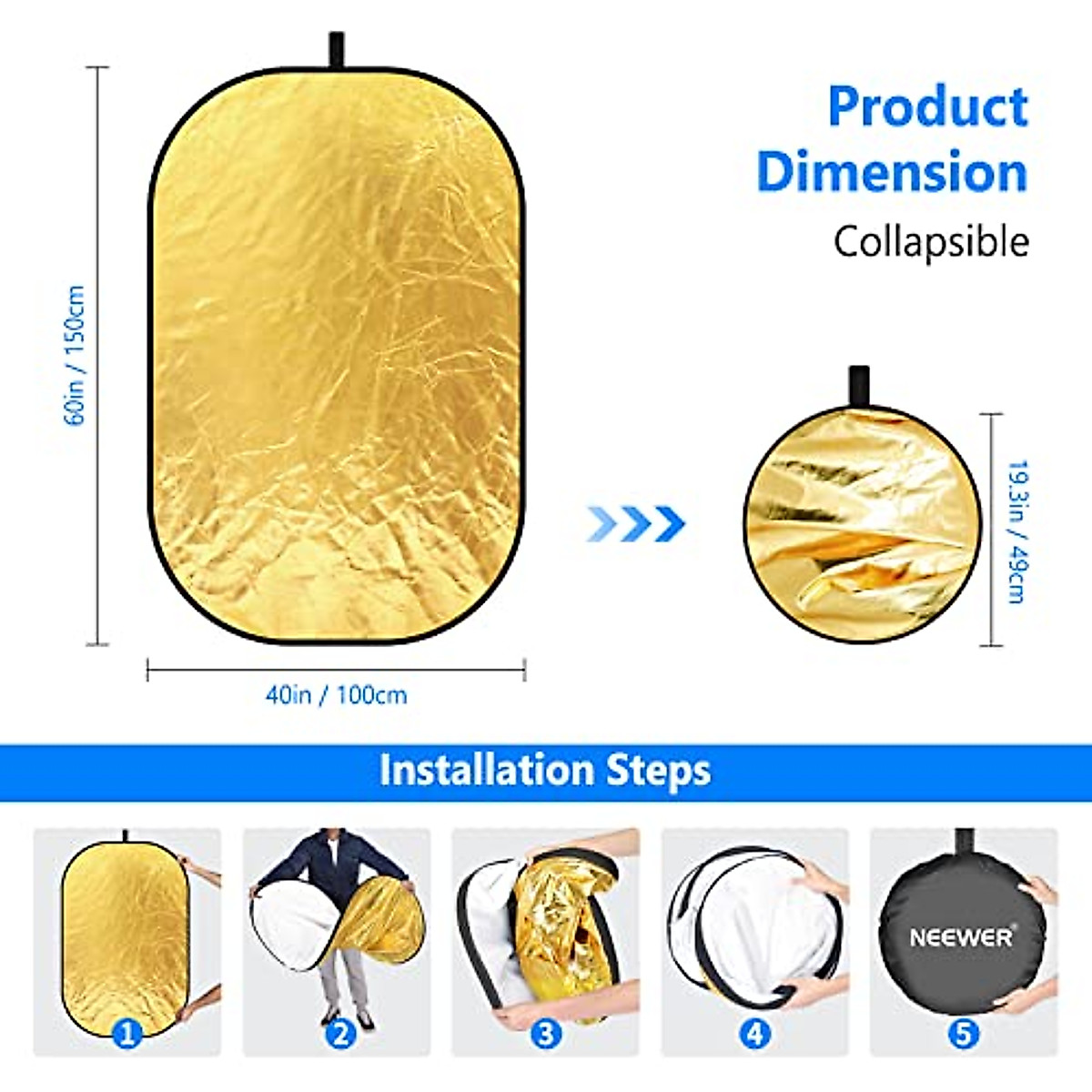 NEEWER 40"x60"/100x150cm Light Reflectors for Photography, Portable 5 in 1 Collapsible Multi Disc with Bag - Translucent, Silver, Gold, Black, White Diffuser for Studio and Outdoor Lighting