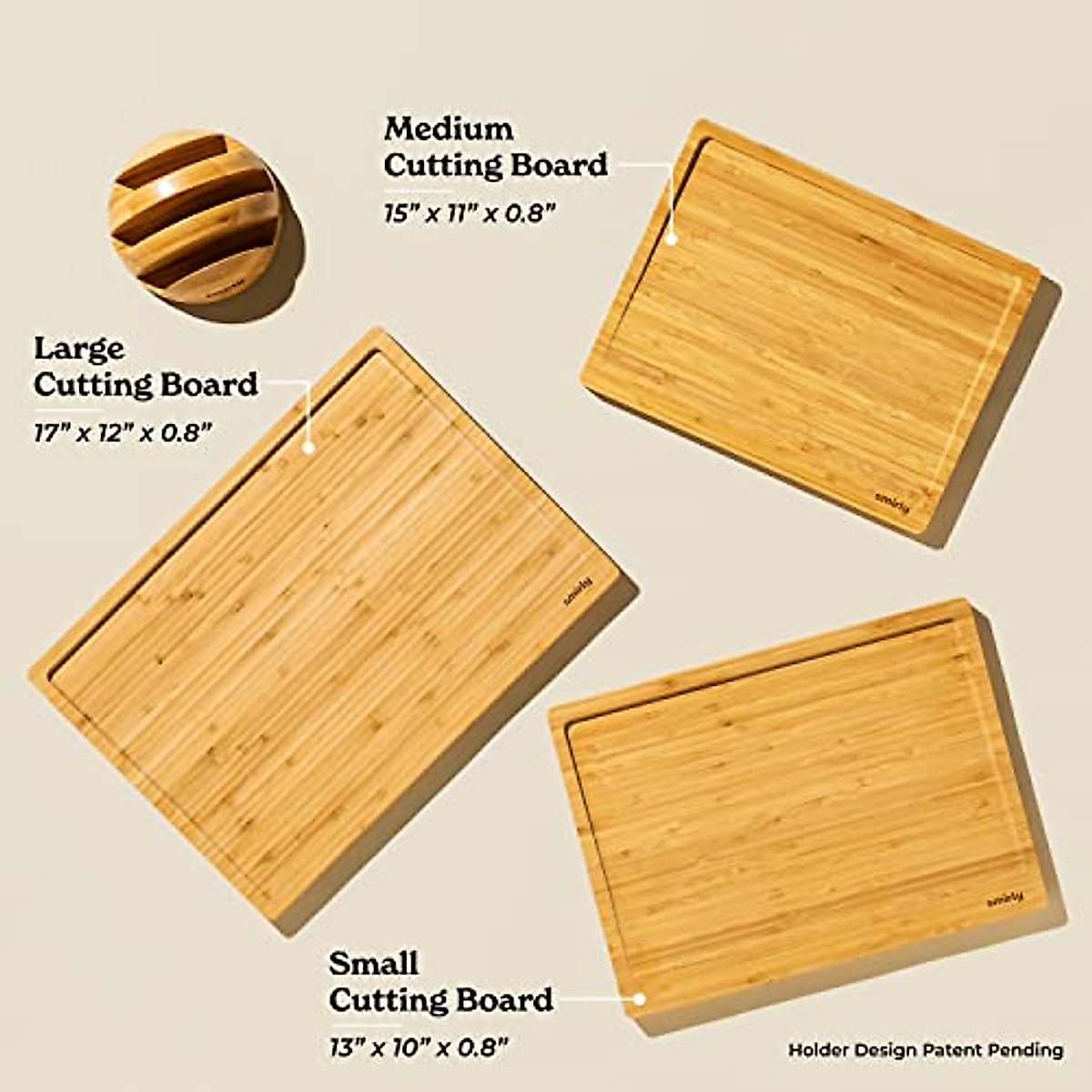 SMIRLY Wooden Cutting Boards for Kitchen - Bamboo Cutting Board Set, Chopping Board Set - Wood Cutting Board Set with Holder - First Apartment Kitchen Essentials, New Home Kitchen Accessories