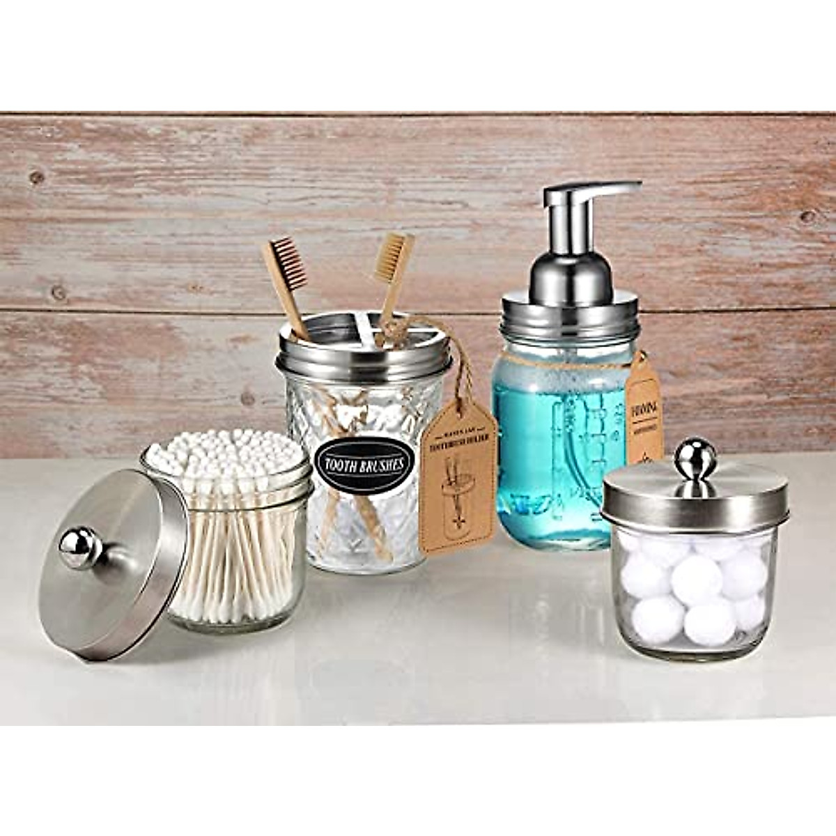 Amolliar 4pcs & 4pcs Brushed Nickel Mason Jar Bathroom Accessories Set - 2 Foaming Soap Dispenser&2 Qtip Holders&2 Cotton Swab Holder&2 Toothbrush Holder-Rustic Farmhouse Decor