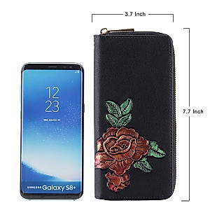 HAWEE Leather Clutch Wallet for Women Zippered Wristlet Bag, Embossing Rose