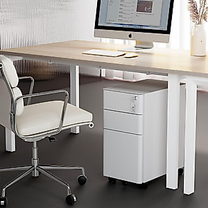 Mount-It! Mobile File Pedestal, File Cabinet with 3 Drawers, Slim Design Under Desk Storage for Files, Folders and Office Supplies, Organizer Cabinet with Lock for Home and Office, White