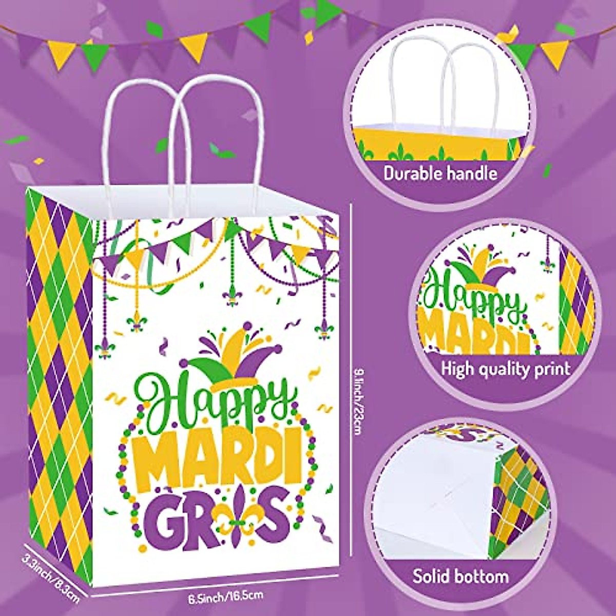 Whaline 20 Pack Mardi Gras Paper Gift Bags with Handle Crown Masquerade Mask Pattern Gold Coins Bags Carnival Party Favor Treat Bags for Gift Wrapping Mardi Gras Birthday Party Supplies, 4 Designs