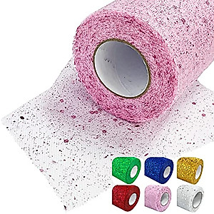 HZCHIONE Pink Tulle Glitter Sequin Tulle Fabric Rolls 6in 50 Yards Tulle Sparkle Ribbon Tulle Sequin Spool Tulle Fabric for Gift Wrapping Decoration Party Wedding Table Skirt (6in by 150 Feet)