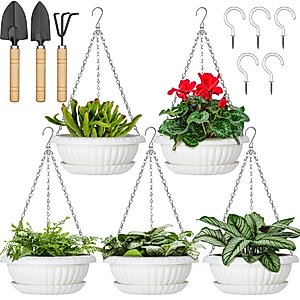 Hanging Planters, 5 Pcs 11" Hanging Pots, White Hanging Flower Pots, Hanging Plant Pots Baskets for Plants with Drainage Trays, Hanging Chains and Ceiling Hooks, Come with Free Garden Tools Set