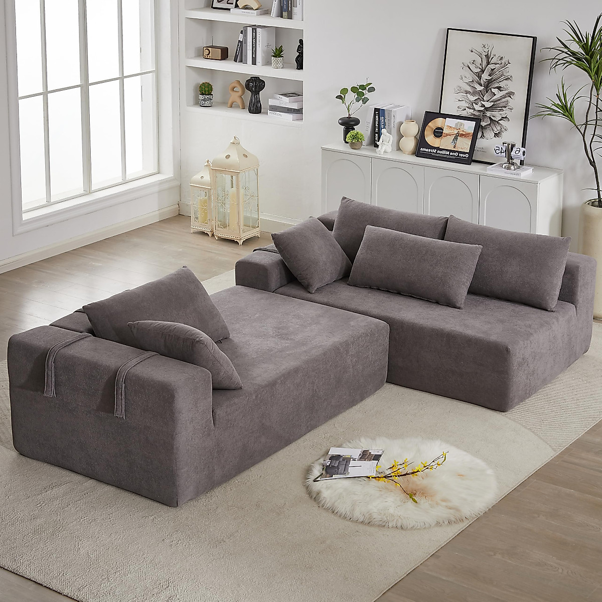 Yoglad Modern L-Shape Sectional Upholstery Sofa with Freedom Combination Living Room Sofa, Comfy Deep Seat Floor Furniture with 6 Pillows for Living Room, Office (Face The Right Chenille Grey Sofa)