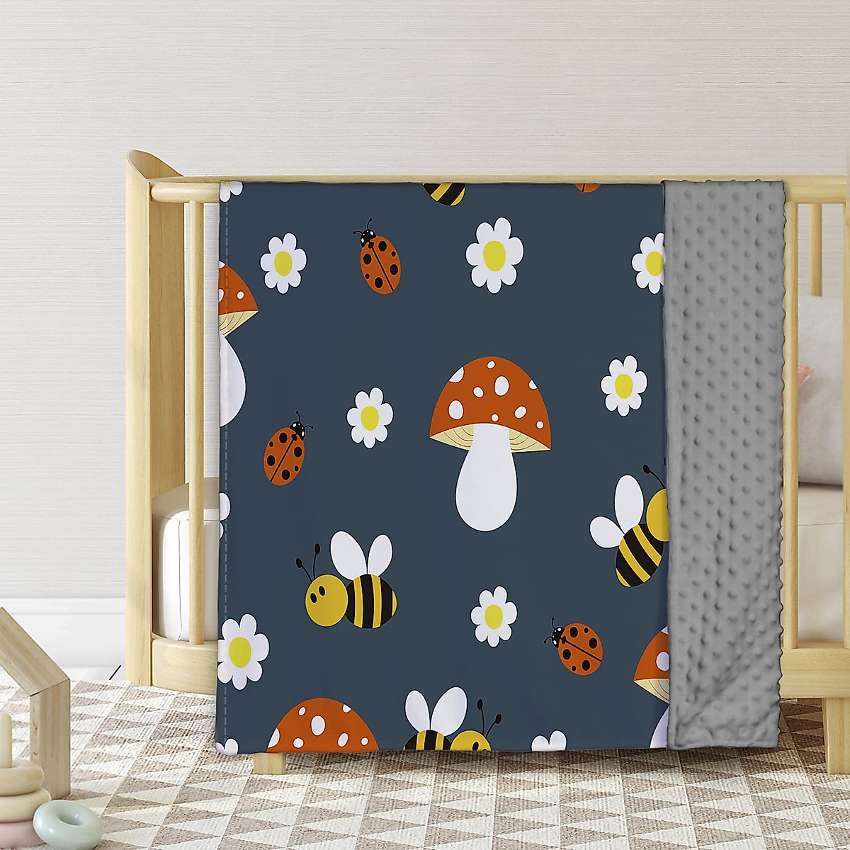 Loxloy Baby Blanket, Silky Soft Micro Fleece Baby Blanket with Dotted Backing, Printed Cute Bees, Mushrooms, Ladybugs and Daisies Throw Blanket for Boys and Girls, Colorful, 30x40 Inches