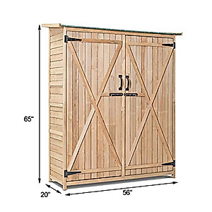 Safstar Outdoor Storage Shed with Lockable Door, Wooden Tool Storage Shed w/Detachable Shelves & Pitch Roof, Garden Storage Cabinet for Backyard Patio Deck Porch, 56”L x 20”W x 65”H, Natural