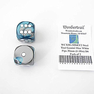 Steel and Teal Gemini Dice with White Pips 30mm (1.18in) D6 Pack of 2 Wondertrail