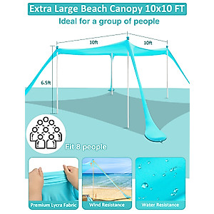 anngrowy Beach Tent Canopy 10'x10' Beach Tents Sun Shelter 6-8 Person Beach Canopy Tent Sun Shade Easy Setup, Beach Blanket Sandproof 10' x 9' Beach Mat Sand Free Waterproof Beach Blankets Extra Large