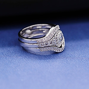 Uloveido White Gold Plated Cubic Zirconia Wedding Ring 3 Sets Stackable Rings Engagement Bridal Band Solitaire Accent RA0346 (Size 7)