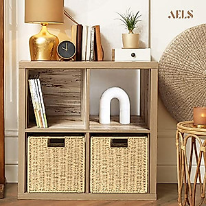 AELS Woven Baskets for Storage, Natural Hand-woven Storage Baskets for Organizing, Cubby Cubes Storage Bins for Shelves, 11" Modern Farmhouse Square Storage Cubes with Handles, Beige, 2 Pack