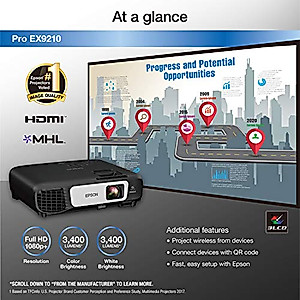 Epson Pro EX9210 1080p+ WUXGA 3,400 lumens color brightness (color light output) 3,400 lumens white brightness (white light output) wireless HDMI MHL 3LCD projector