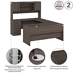 Bestar Ridgeley U Shaped Desk with Hutch in Medium Gray Maple, 65W