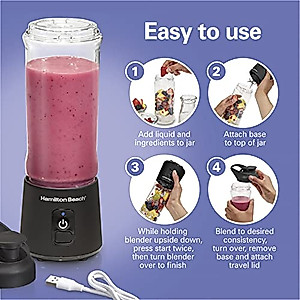 Hamilton Beach Mini Cordless Portable Personal Blender for Shakes and Smoothies, USB Rechargeable, 16 oz. Jar with Leakproof Travel Lid, 6 Stainless Steel Blades, Black (51180)