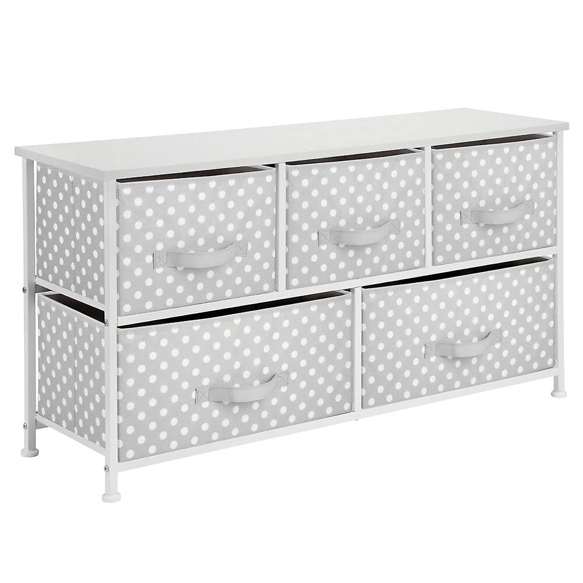 mDesign 21.65" High Steel Frame/Wood Top Storage Dresser Furniture with 5 Fabric Drawers, Wide Bureau Organizer for for Baby, Kid, and Teen Bedroom, Nursery, Playroom, Dorm - Gray/White Polka Dot