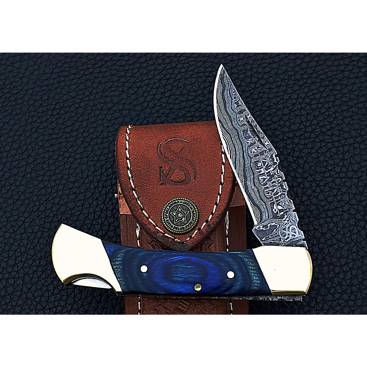 Smart & Sharp Custom Handmade Damascus Steel Folding Knife/Pocket Knife AR-17395 (Blue Colored wood) (blue)