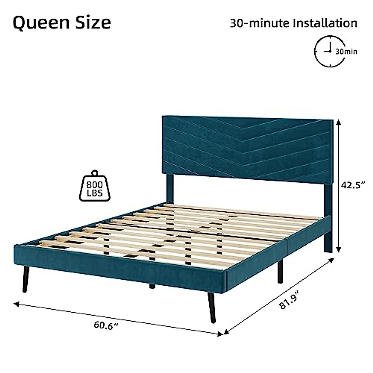 Homhougo Queen Size Bed Frame with Adjustable Headboard, Velvet Upholstered Platform Bed with Solid Wood Slats Support, No Box Spring Needed, Noise-Free, Green