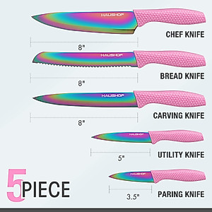 HAUSHOF Kitchen Knife Set, 5 PCS Rainbow Knife Sets with Arcylic Block, Titanium Coated Pink Knives Set for Kitchen, Stainless Steel Knives Set with Ergonomic Handle, Great for Slicing, Dicing&Cutting
