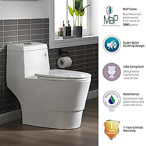 WOODBRIDGEE One Piece Toilet with Soft Closing Seat, Chair Height, 1.28 GPF Dual, Water Sensed, 1000 Gram MaP Flushing Score Toilet with Brushed Gold Button T0001-BG, White