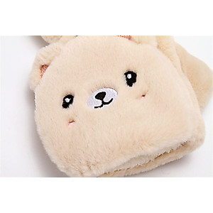 Woman Winter Warm Gloves Girls Cute Bear Rabbit Ears Convertible Flip Top Fingerless Thick Mittens for Teen Student (Color : Bear Khaki, Gloves Size : One Size)
