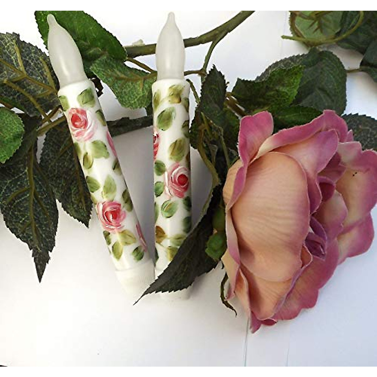 Romantic Decorative Battery Operated 6 Inch Short Flameless Taper Candles with Hand Painted Pink Roses Spring Decor