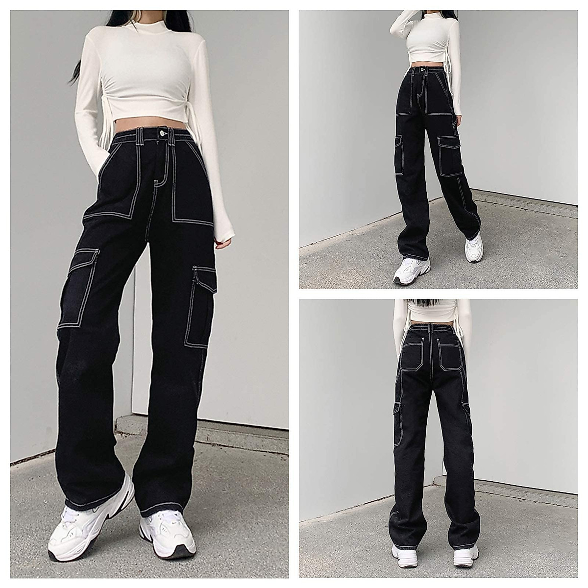 ICNGLKSND Womens Girls High Waisted Baggy Jeans Straight Wide Leg Denim Pants Y2K Trousers Streetwear with Big Pockets (Black, L)