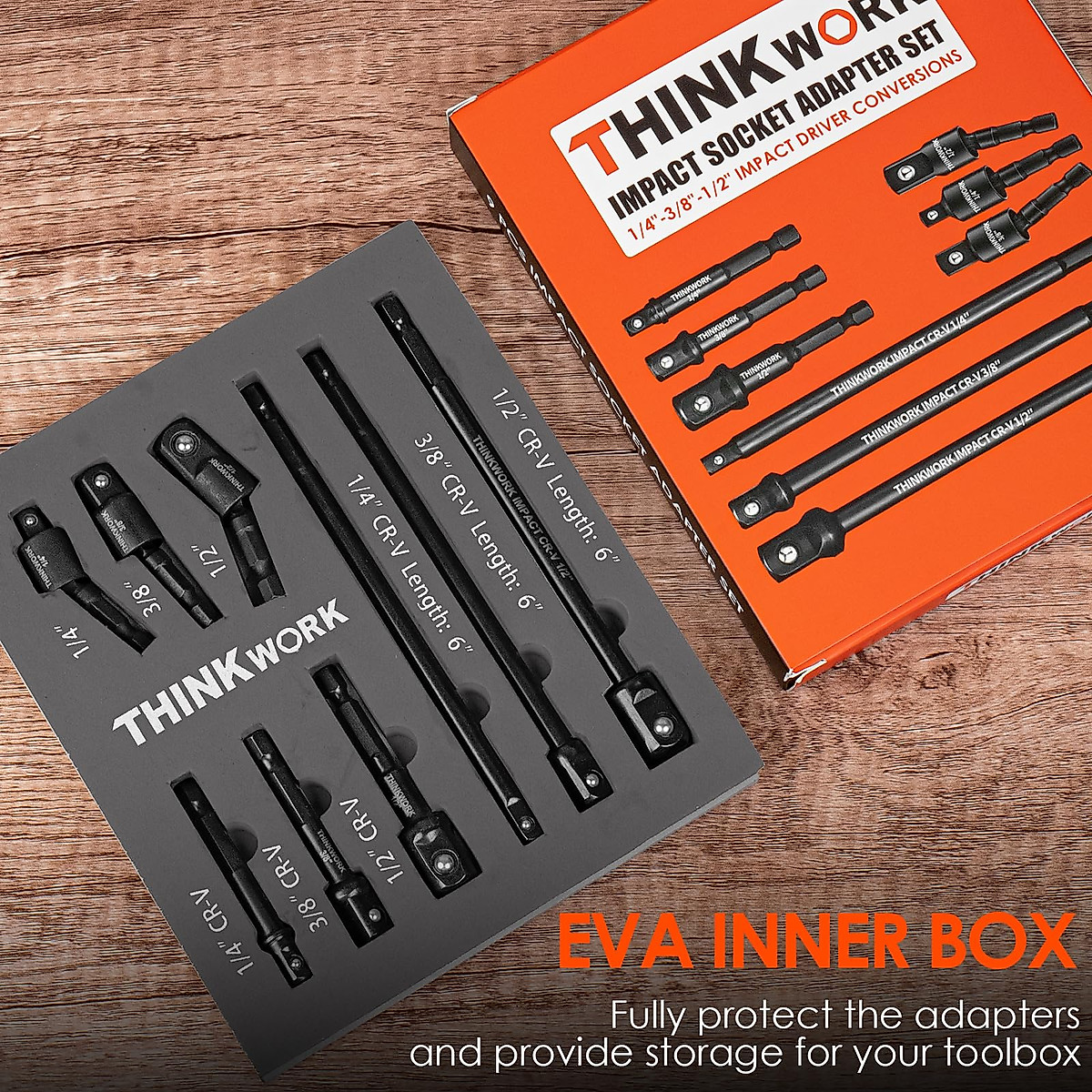 THINKWORK Impact Socket Adapter Set, 1/4" 3/8" 1/2" Drill Socket Adapter, 1/4" Hex Shank Impact Driver Socket Adapter for Cordless Drill, Impact Driver, Power Drill, Impact Drill, 9-Piece