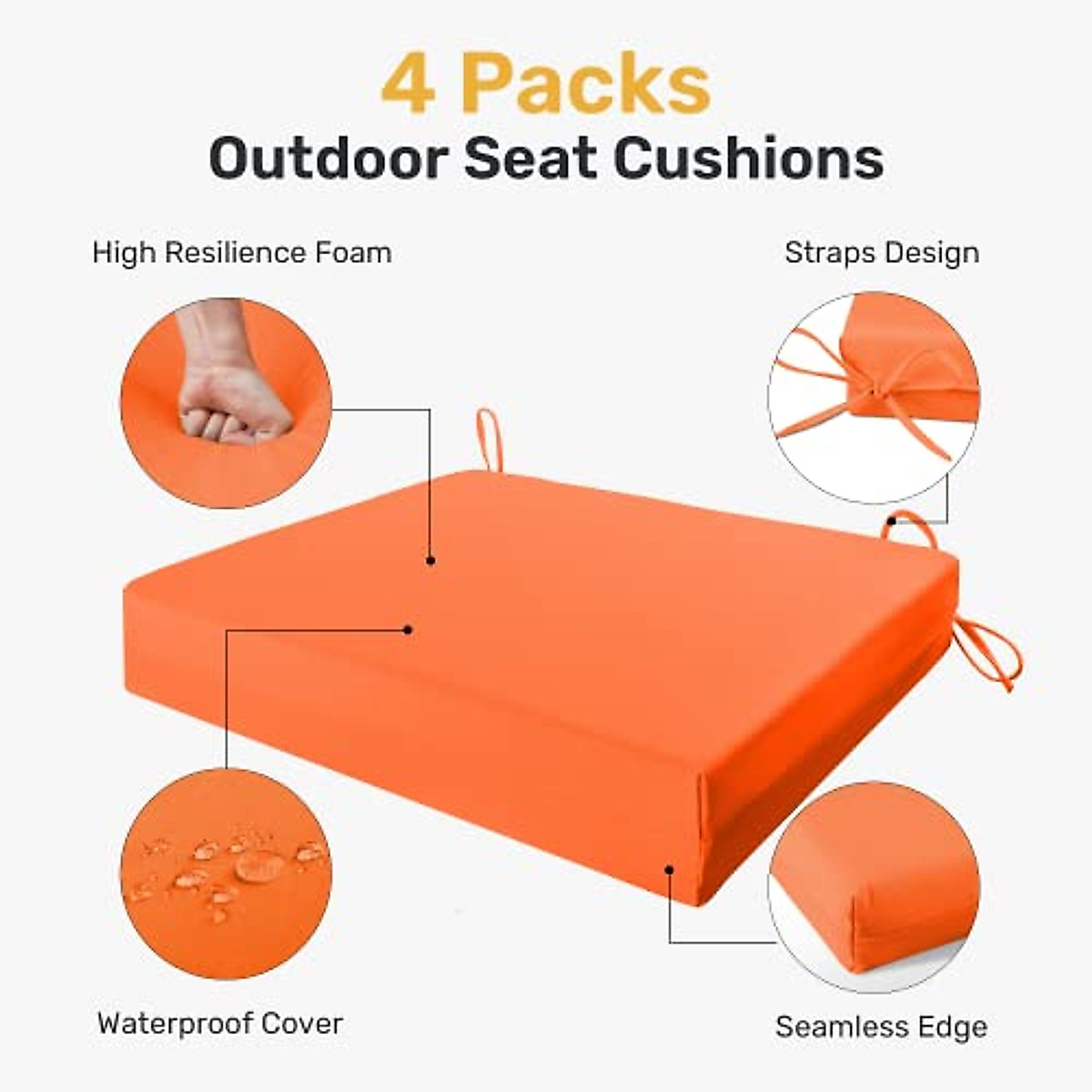 UNIKOME Outdoor Chair Cushions Pack of 4, Waterproof Patio Cushions with Ties, High Density Sponge Filling Square Corner Seat Cushions for Outdoor Furniture, 18.5"x16"x3", Orange
