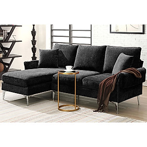 L-Shaped Sofa with Chaise Lounge, Reversible Sectional Sofa Couch with 2 Pillows, Upholstered Couch for Living Room, Bedroom, Small Space (Black)