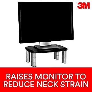 3M Adjustable Monitor Stand Riser, Three Leg Segments Simply Adjust Height, Sturdy Platform Holds Up to 80 lbs for Monitors, Laptops, and Printers, Space for Storage Underneath, Silver/Black (MS80B)