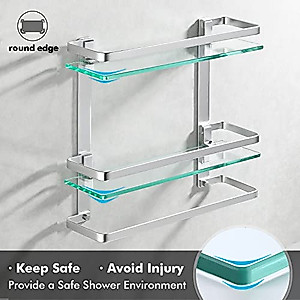 KES Bathroom Tempered Glass Shelf 2 Tier Storage Glass Shelf Rectangular with Bar Wall Mounted Sand Sprayed Anodized Aluminum Finish, A4127B