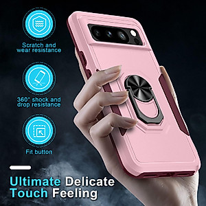 Janmitta for Google Pixel 8 Pro Case with Screen Protector + Camera Lens Protector,Heavy Duty Shockproof Full Body Protective Cover Built in Rotatable Metal Ring Holder Kickstand,2023 Cute Pink
