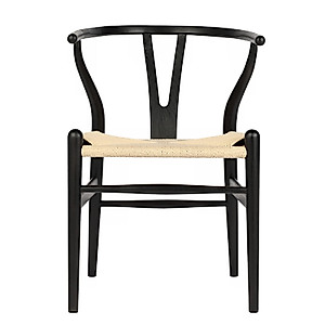 Polynices Wishbone Chair, Weave Modern Solid Wood Mid-Century Y Shaped Backrest Dining Chair (Black + Natural Set of 2)