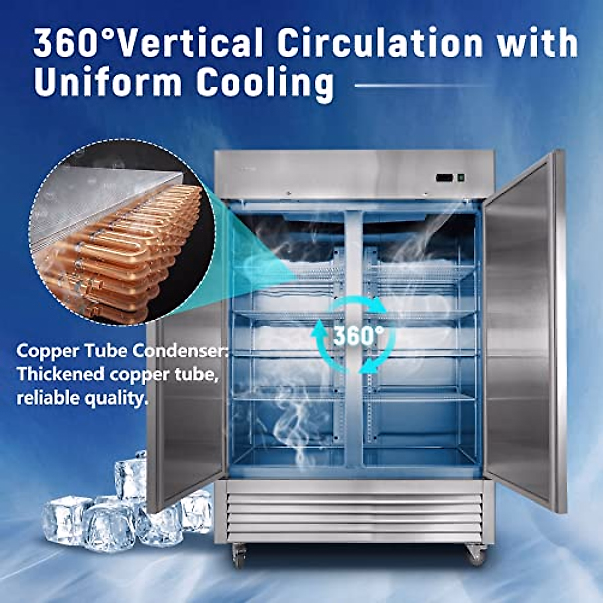 INSONG 54" Commercial Freezer, 49 cu.ft with 2 Solid Door Stainless Steel Reach-in Freezer for Restaurant, Bar, Shop, Residential