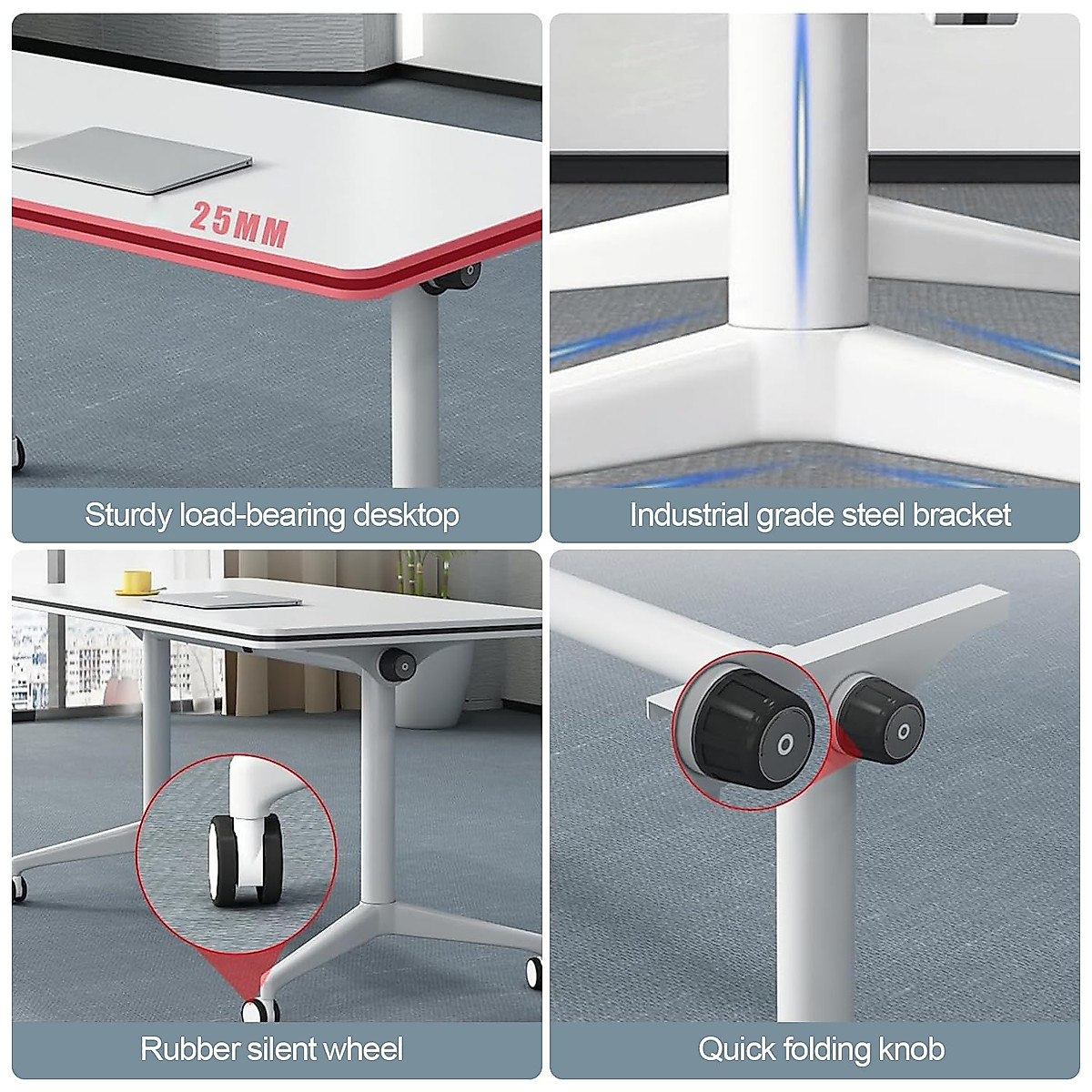 Conference Table Foldable Meeting Tables,4 Pcs Flip Top Mobile Training Table Modern White Portable Table with Silent Wheels, 62.9 "D x 23.6" W x 29.5 "H for Office,Meeting Room,Classroom