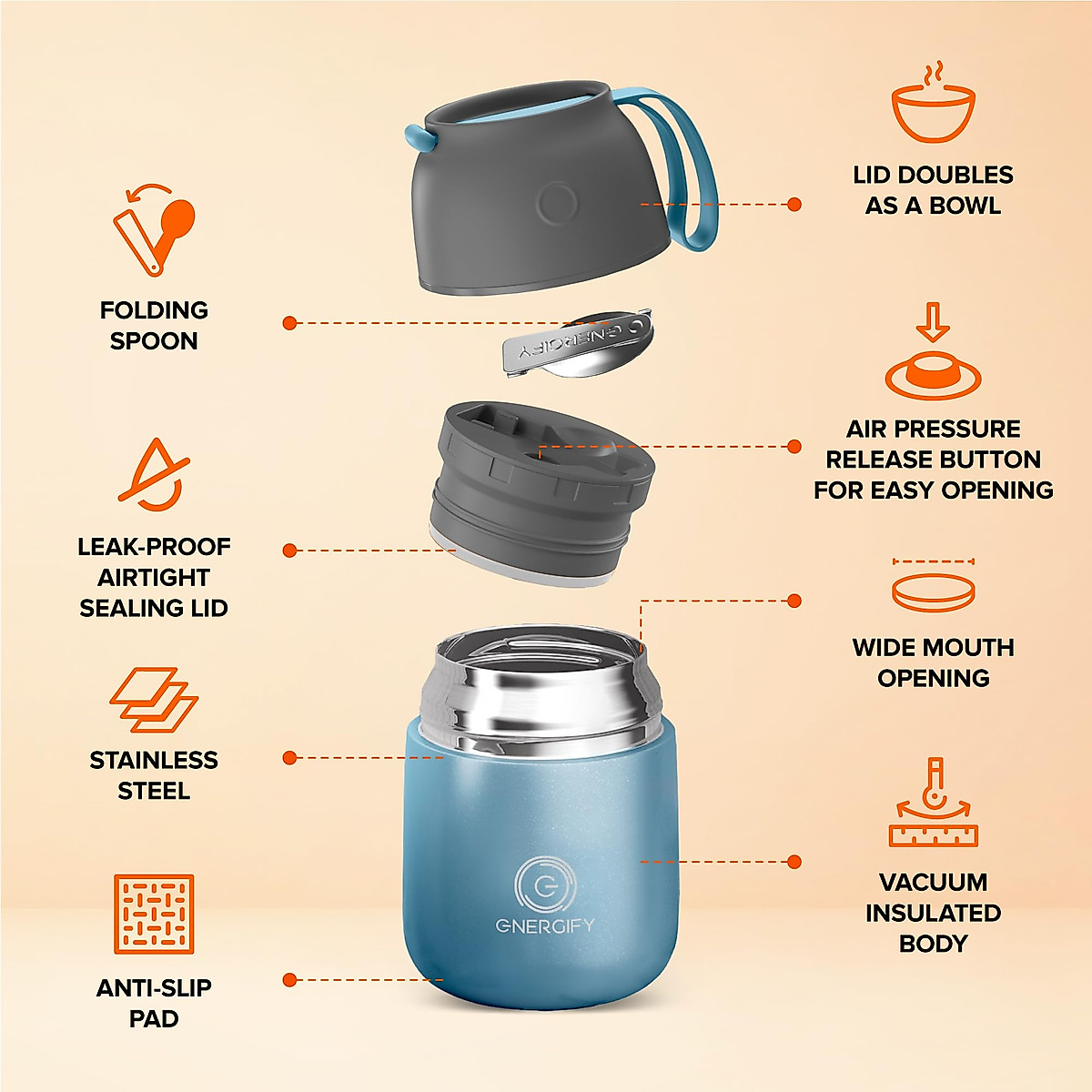 ENERGIFY Vacuum Insulated Food Jar Wide Mouth 17 Oz Soup Thermo with Folding Spoon - Thermal Lunch Containers for Kids & Adults - Leak Proof Stainless Steel Thermos for Hot Food Keep 12H and Cold 24H