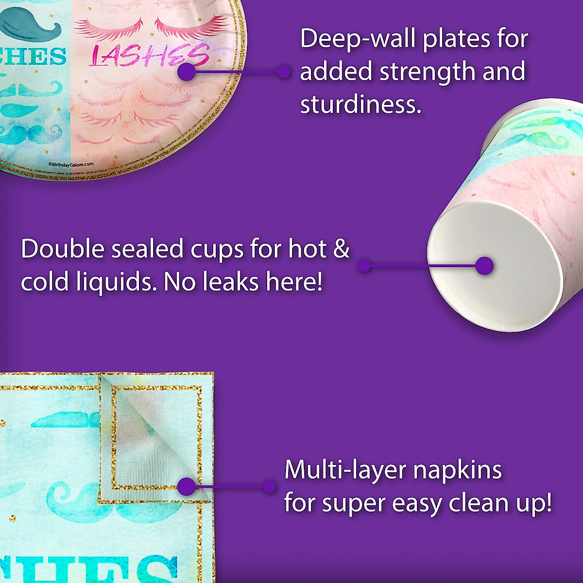 Lashes or Staches? Gender Reveal Party Supplies Set Plates Napkins Cups Tableware Kit for 16