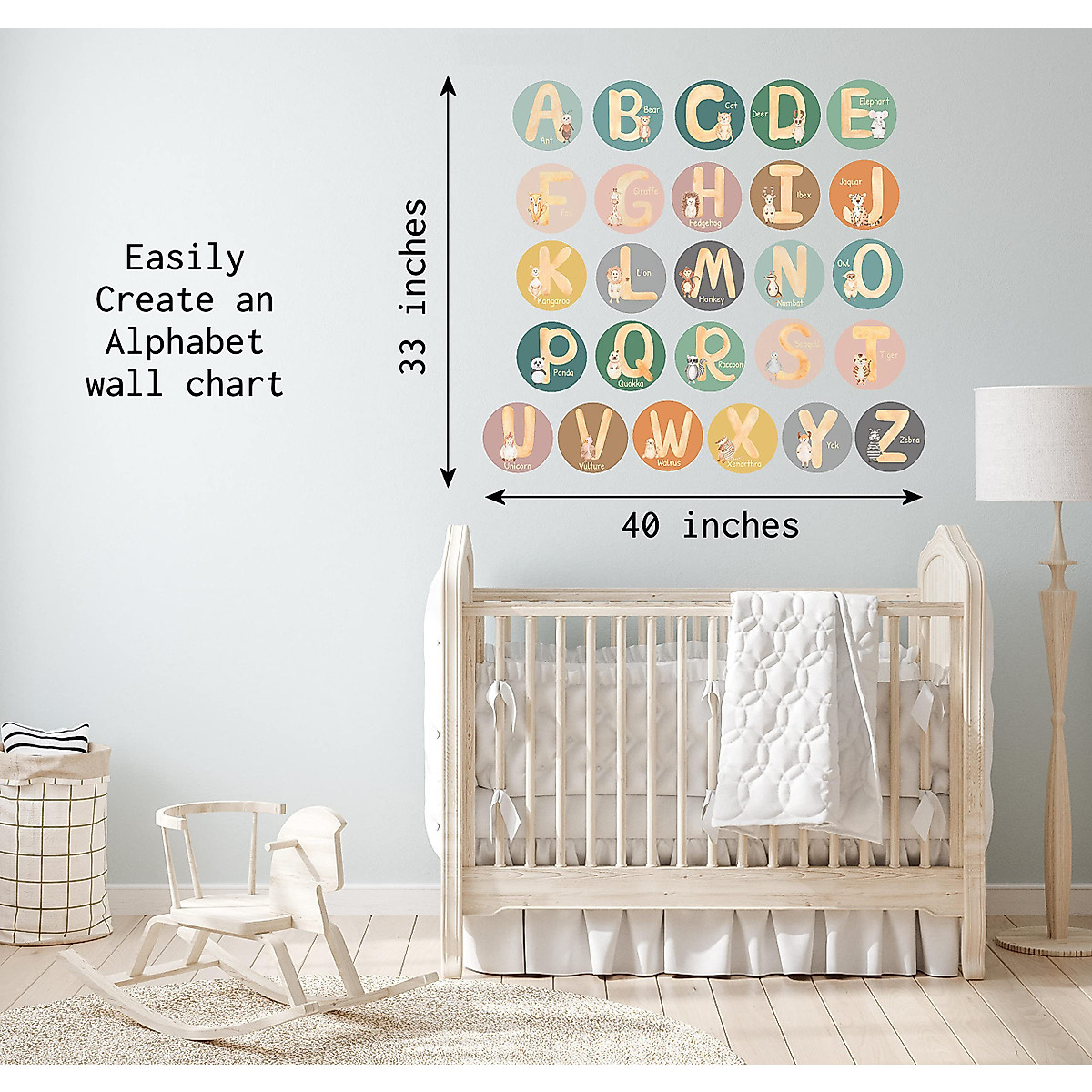 Alphabet Wall Decals for Classroom - 5 Inch Nursery Alphabet Letters for Wall - ABC Wall Decals for Kids Rooms - ABC Wall Chart for Toddlers Learning - Boho Rainbow Animal Alphabet A B C Decals