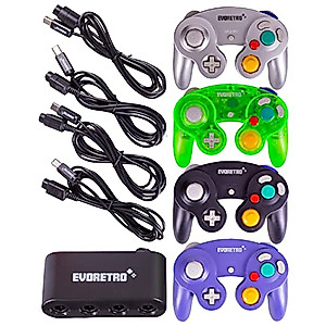 EVORETRO Gamecube Controller Compatible for Switch, wii Console and PC Games - 4 Pack Bundle with 4 Extension Cords and a 4-Port Adapter