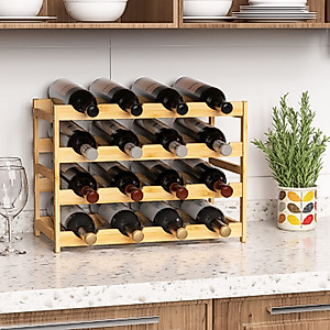 Ruichang Wine Rack Sturdy Wine Countertop - Bamboo Wine Bottle Holder Wine Storage Racks Counter Wine Stand Inserts for Cabinet Free Standing Floor Table Wine Organizer (4-Tier, 16 Bottle Capacity)