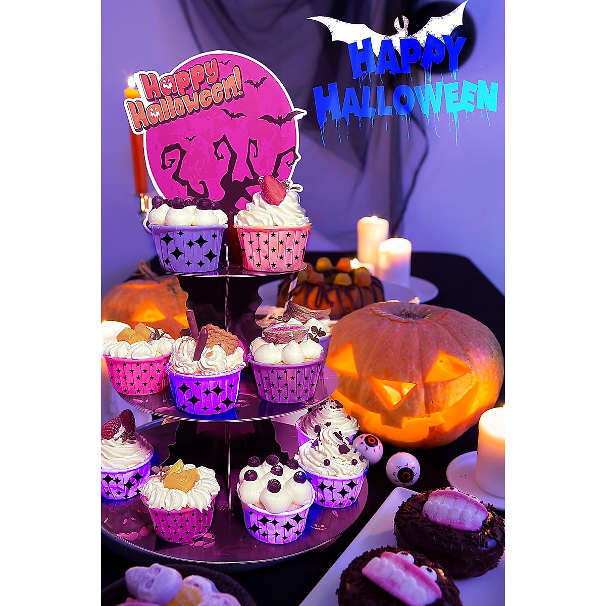 Damanse Halloween Cupcake Stand,3 Tier Cardboard Cupcake Stand Dessert Holder Tower for Halloween Decorations, Halloween Birthday Party Supplies Haunted Decor for Kids (Halloween)