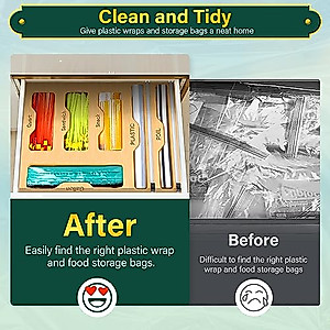 KOCWELL Ziplock Bag Organizer and Plastic Wrap Dispenser with Cutter, 6 In 1 Bamboo Foil and Plastic Wrap Organizer for Kitchen Drawer, Food Storage Bag Organizer for Gallon,Quart,Sandwich,Snack