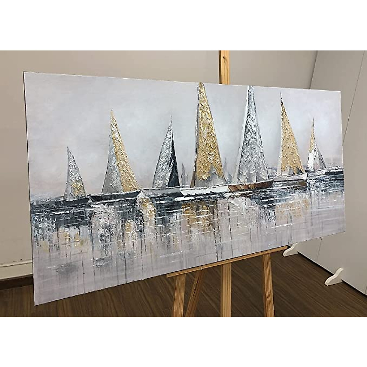 [SPRING BIG SALES] PAVILIART Golden & Silver Sailboats at the shore, Size 24" x 48", Hand Painted Abstract Seascape, Palette Knife Oil Painting on Canvas, Wall Art Decoration, Wood inside framed , Easy Hanging in Living Room