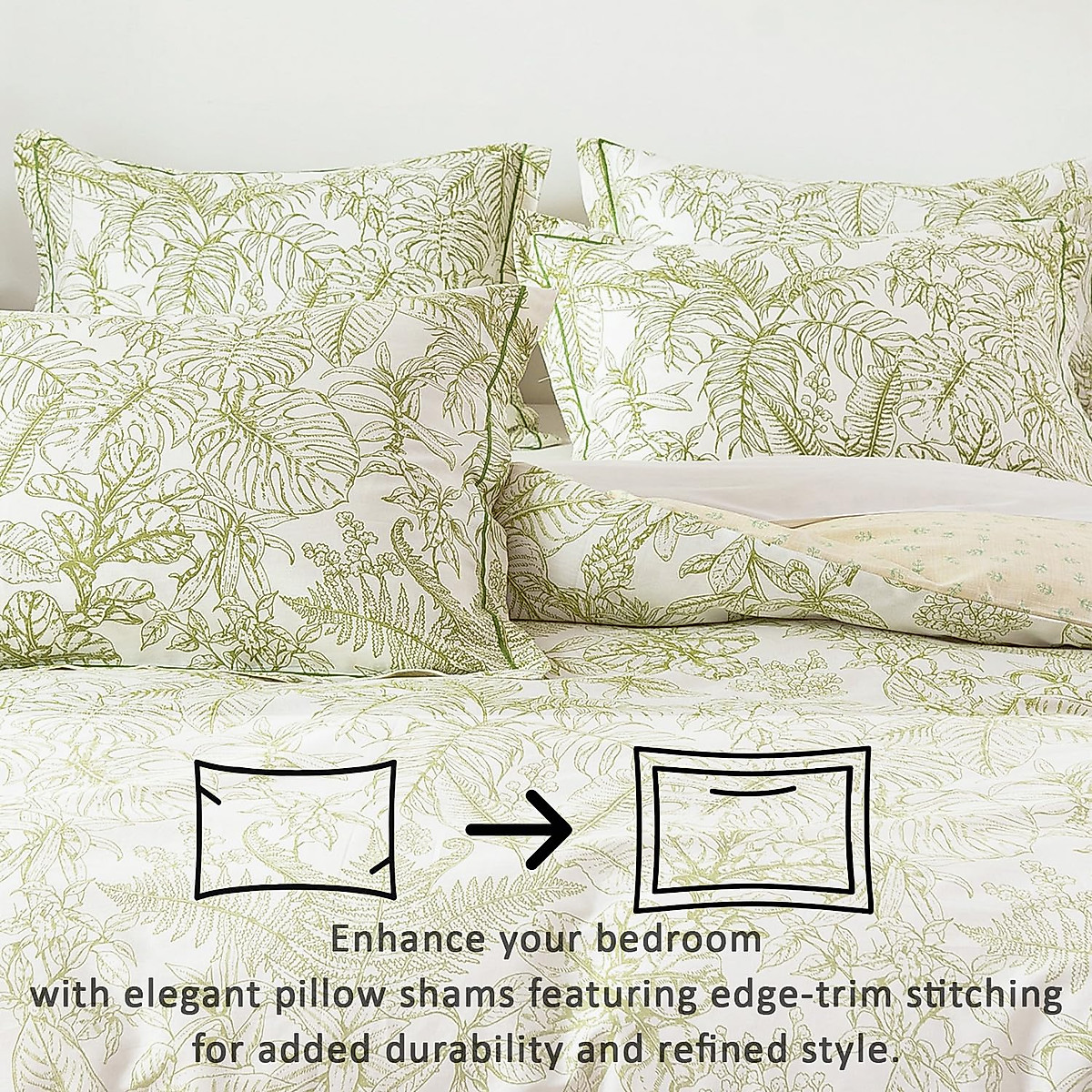 LEMIROE 100% Cotton Duvet Cover Queen Size,Botanical Design with Green Tropical Leaves on White,Beige Reversible Bed Sets 3Pcs,Button Closure